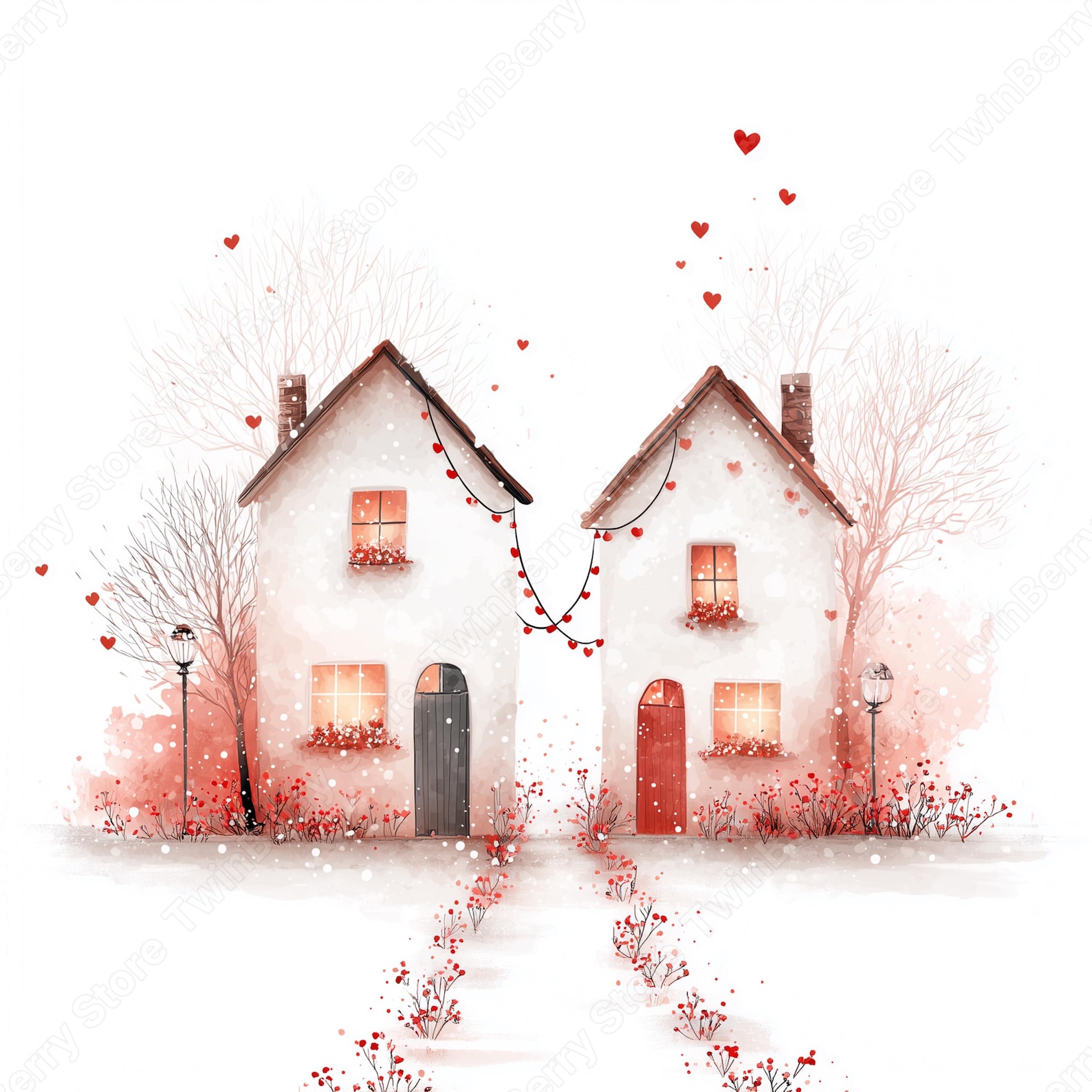 Valentine Village Clipart JPG, 26 Watercolor Valentine Town Scenes Pink ...