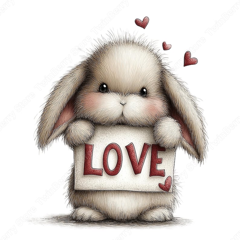 25 Valentine's Day Bunnies Clipart, Whimsical Fuzzy Rabbits With Hearts ...