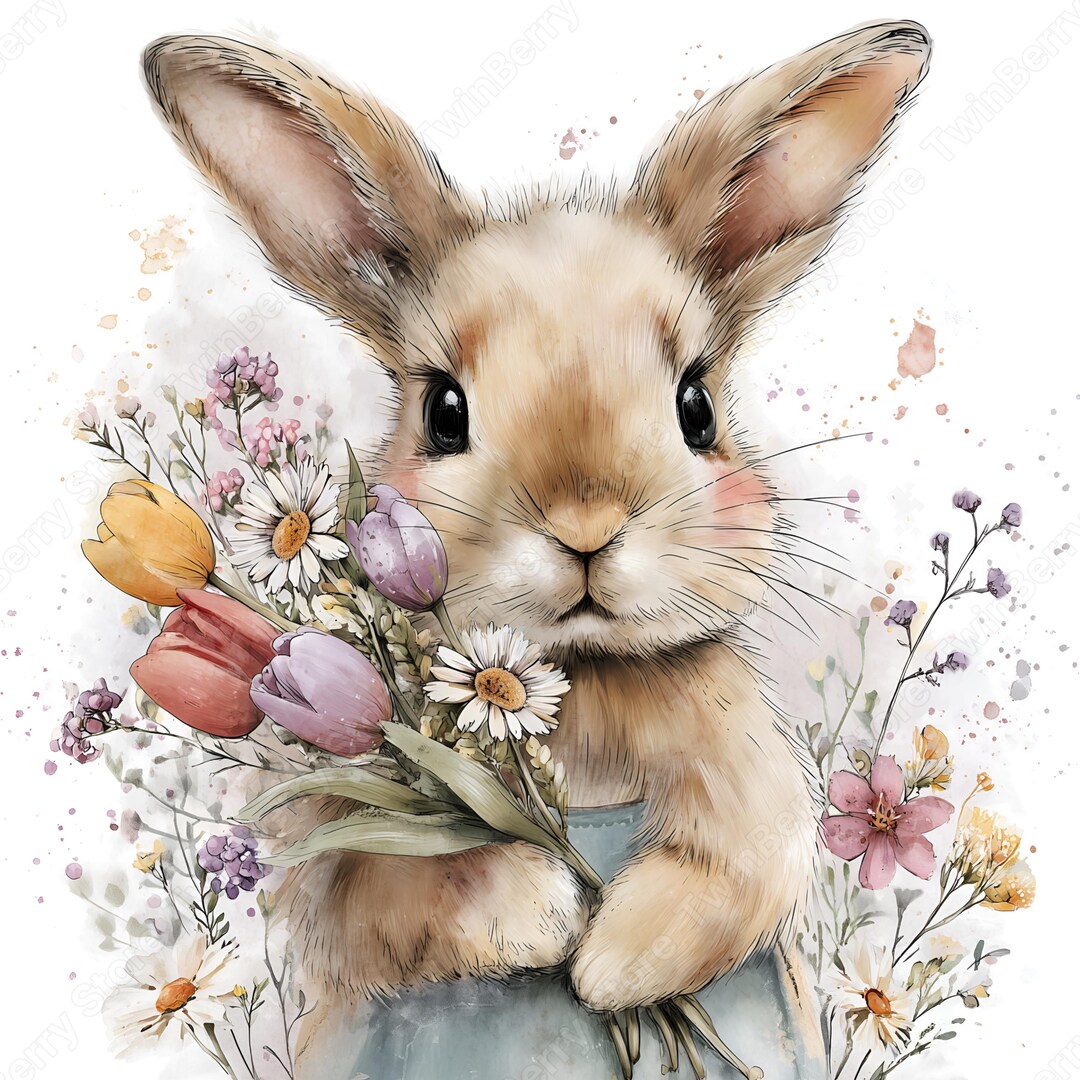 18 Floral Easter Bunny Clipart, Watercolor Spring Rabbits With Flowers ...