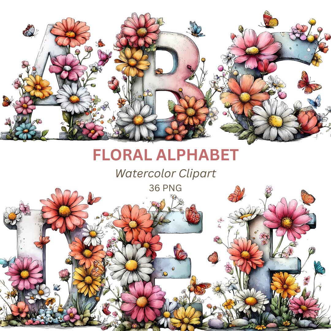 Floral Alphabet PNG, 36 Watercolor Daisy Letter and Number Clipart With ...