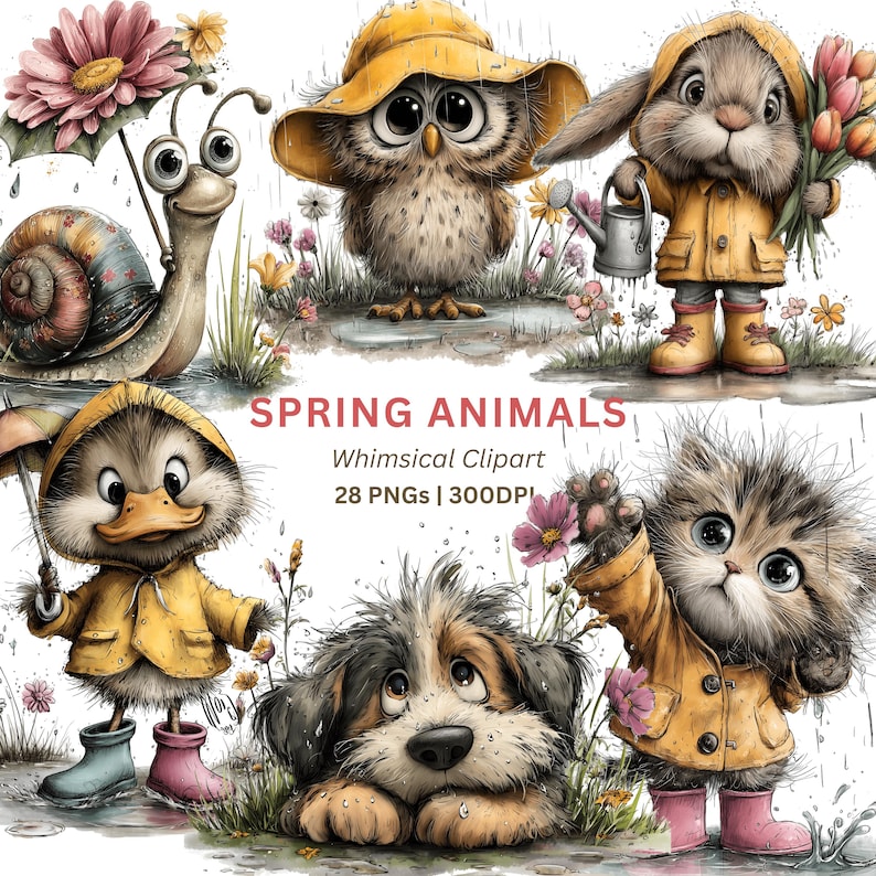 Rainy Animals PNG, 28 Watercolor Spring Clipart With Raincoats Boots ...