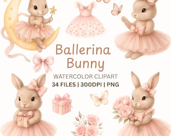 34 Ballerina Bunny Clipart PNG - Premium Watercolor Ballet Rabbits ...