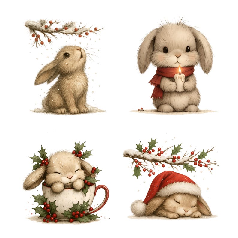 Cute Christmas Bunny Clipart - Watercolor Illustrations for Christmas ...