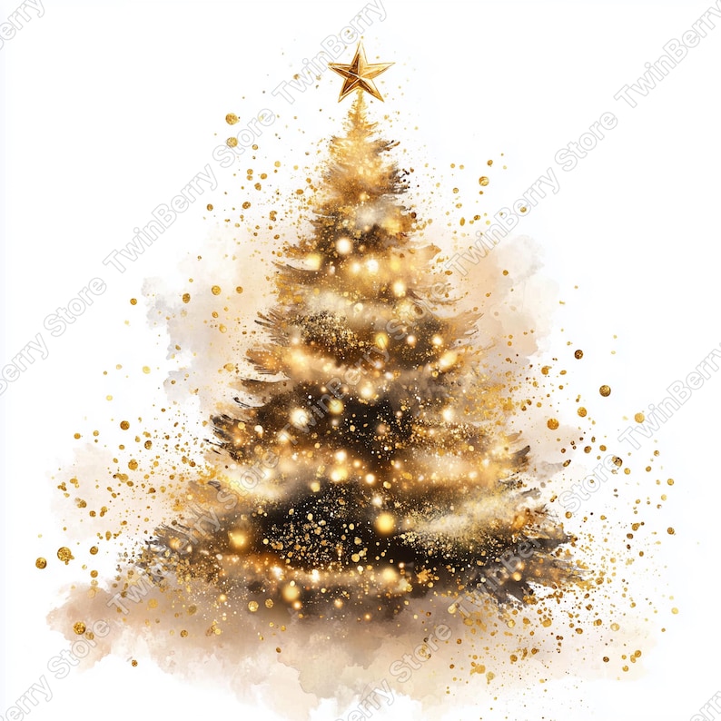 13 Golden Christmas Tree Clipart Bundle, Watercolor Holiday Graphics ...