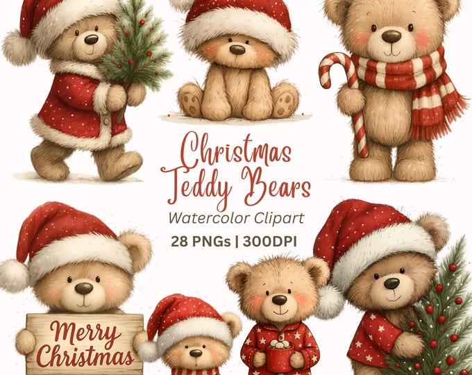 Christmas Teddy Bears Watercolor Clipart - Festive Holiday Graphics ...