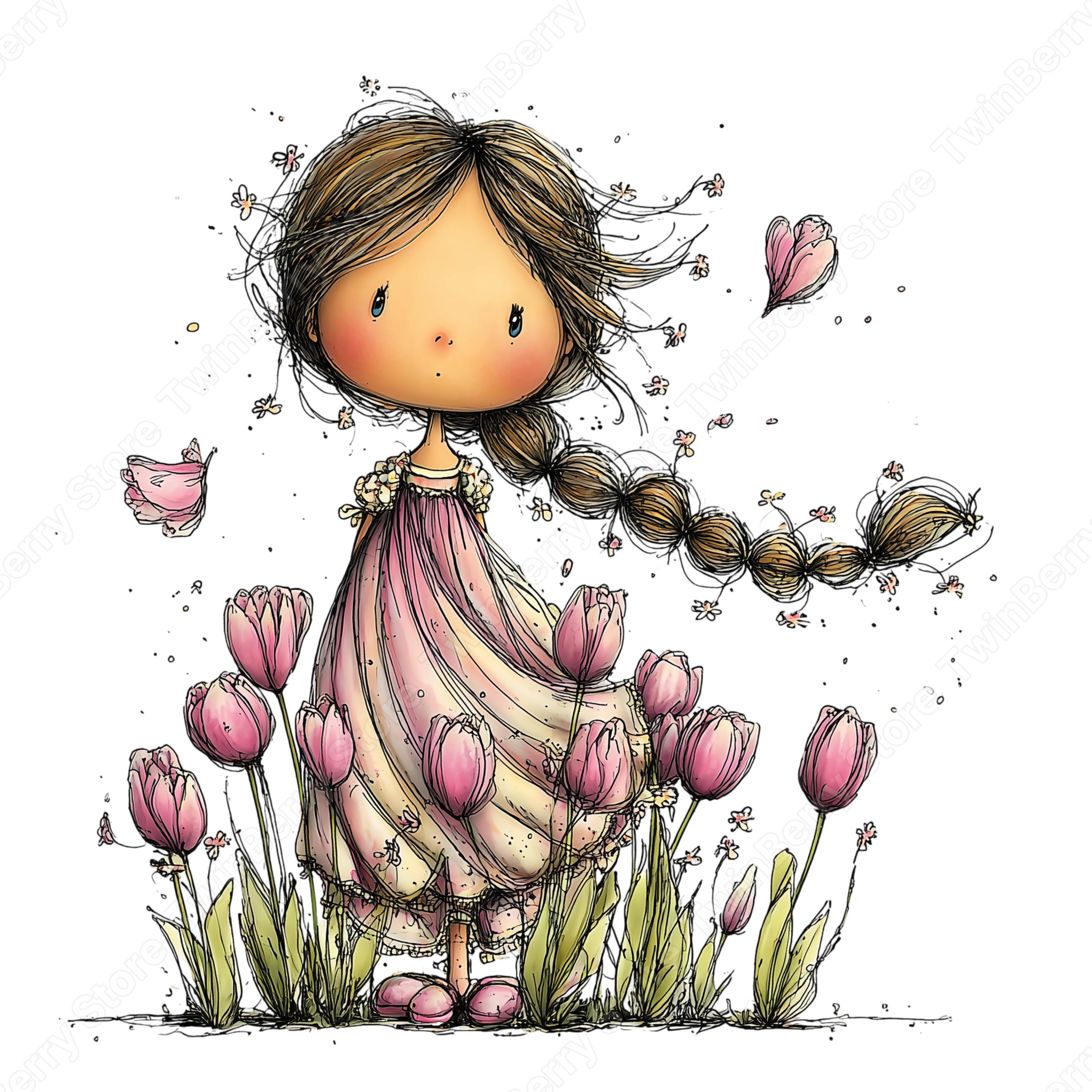 Spring Clipart PNG, 30 Whimsical Girl With Tulips Storybook Graphics ...