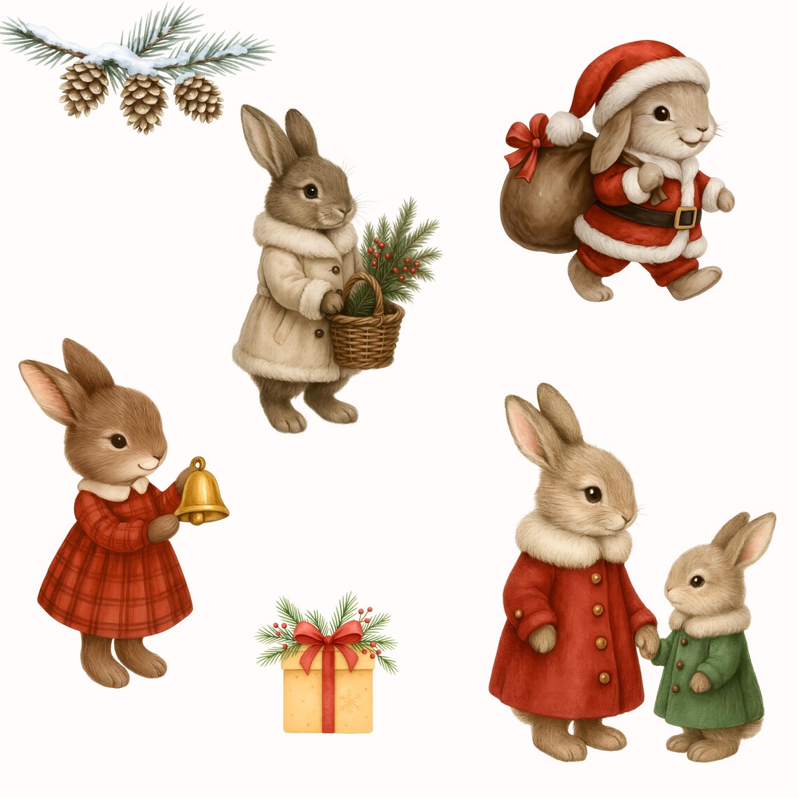 Christmas Bunny Clipart, Watercolor Vintage Holiday Animals (digital ...
