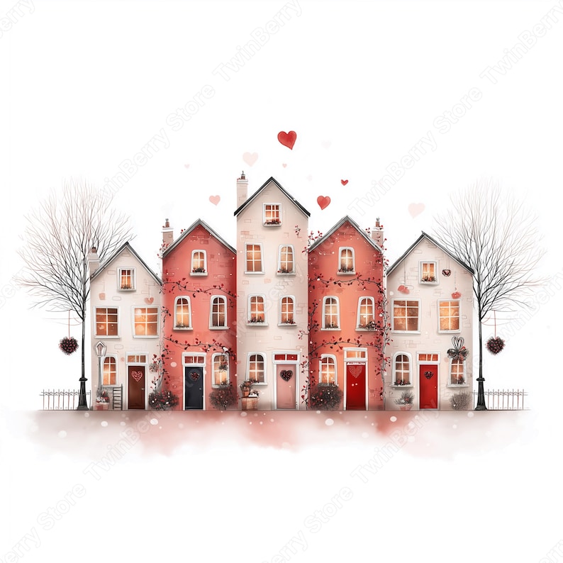 Valentine Village Clipart JPG, 26 Watercolor Valentine Town Scenes Pink ...