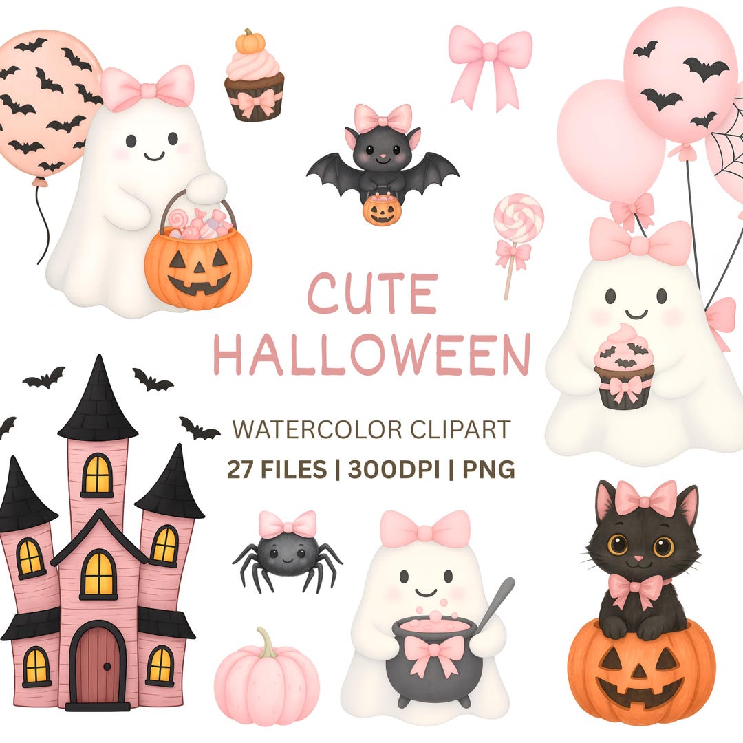 Cute Pink Halloween Clipart - 27 Watercolor PNG Images - Ghosts ...