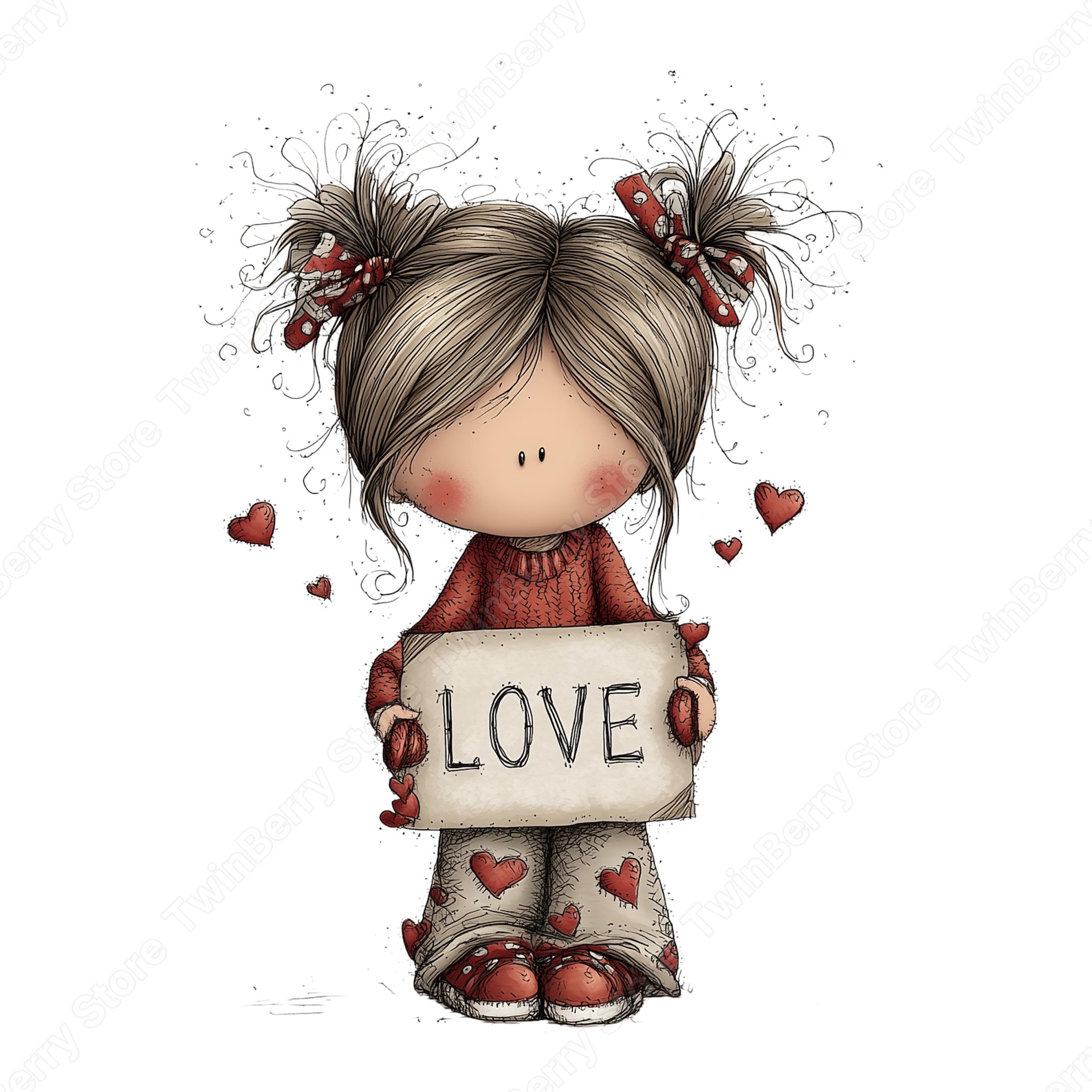 30 Valentine's Day Girl Clipart PNG, Whimsical Little Girl With Hearts ...