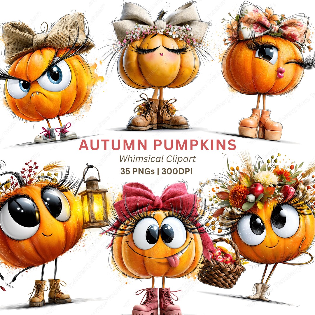 Autumn Pumpkin Clipart PNG, 35 Whimsical Pumpkin Girl Characters With ...
