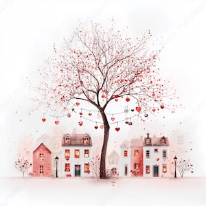 Valentine Village Clipart JPG, 26 Watercolor Valentine Town Scenes Pink ...
