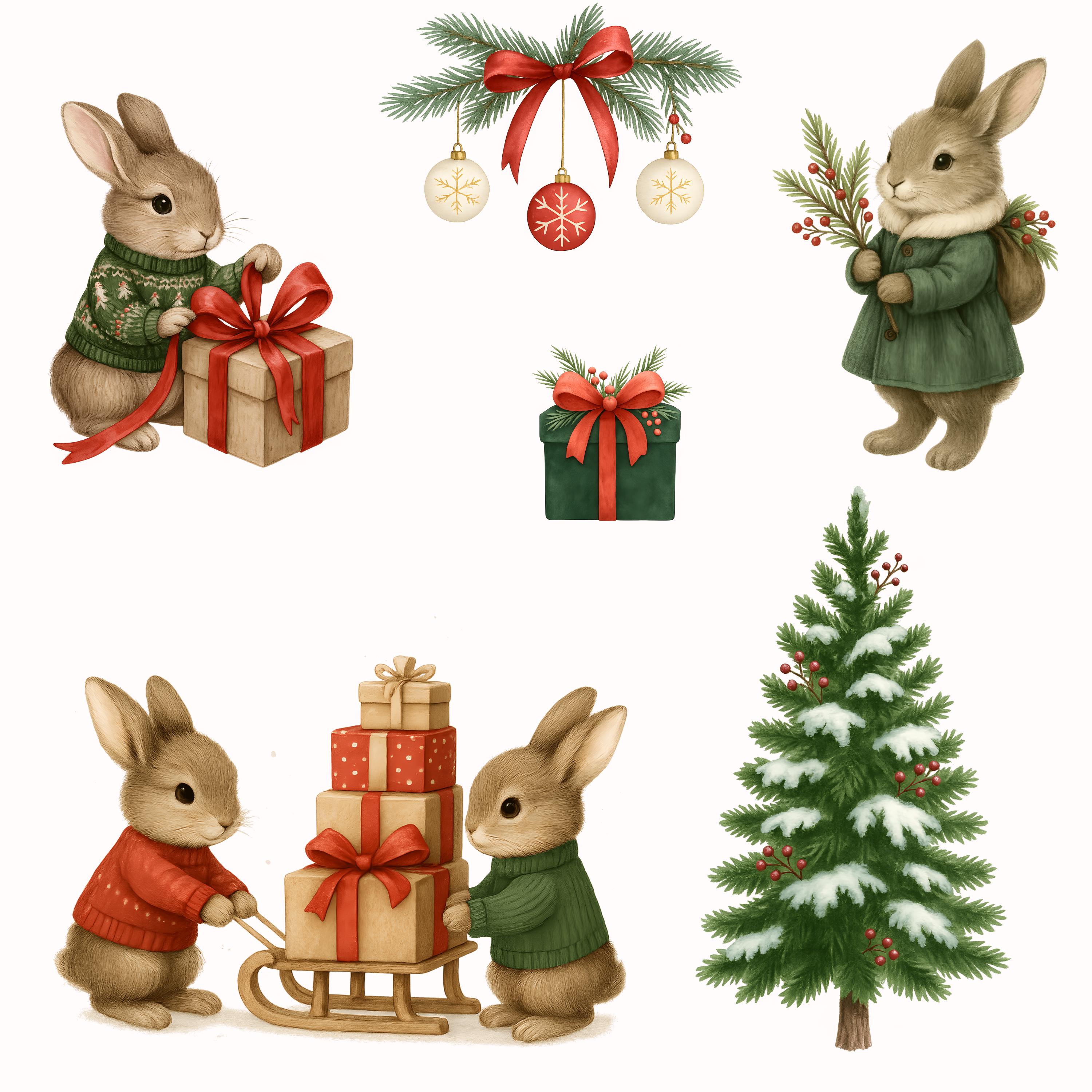 Christmas Bunny Clipart, Watercolor Vintage Holiday Animals (digital ...