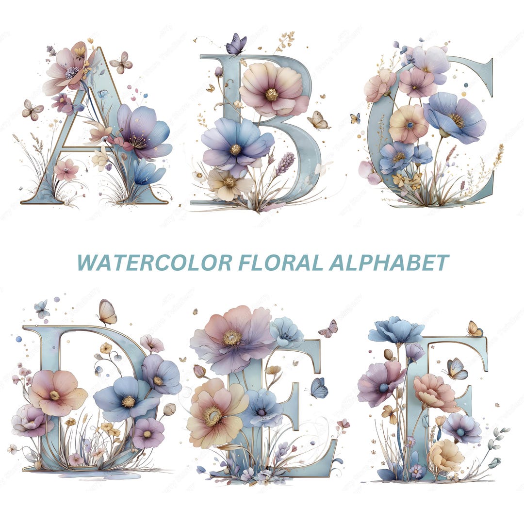Floral Alphabet PNG, 36 Watercolor Letter and Number Clipart With ...