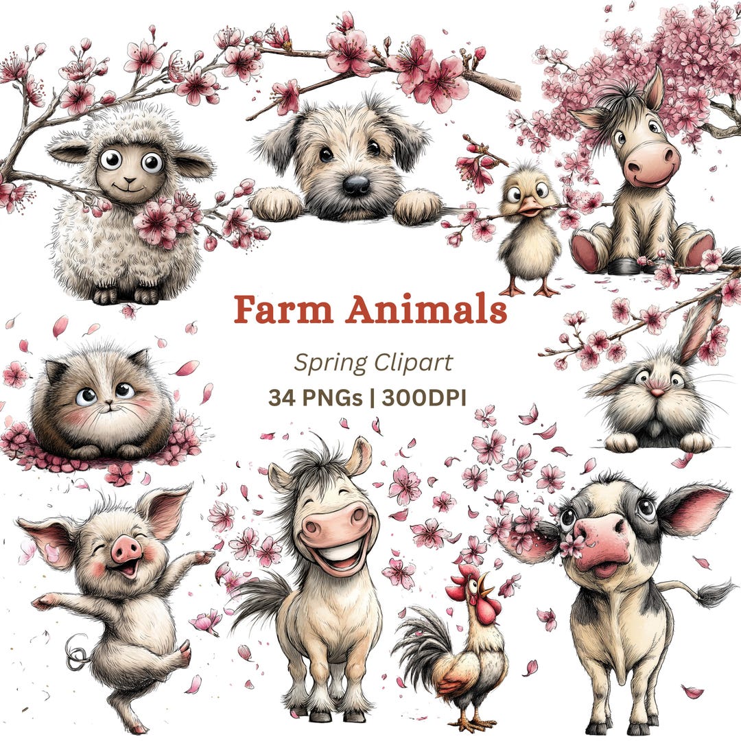 Spring Clipart PNG, 34 Farm Animals With Sakura Blossom Graphics Bundle ...