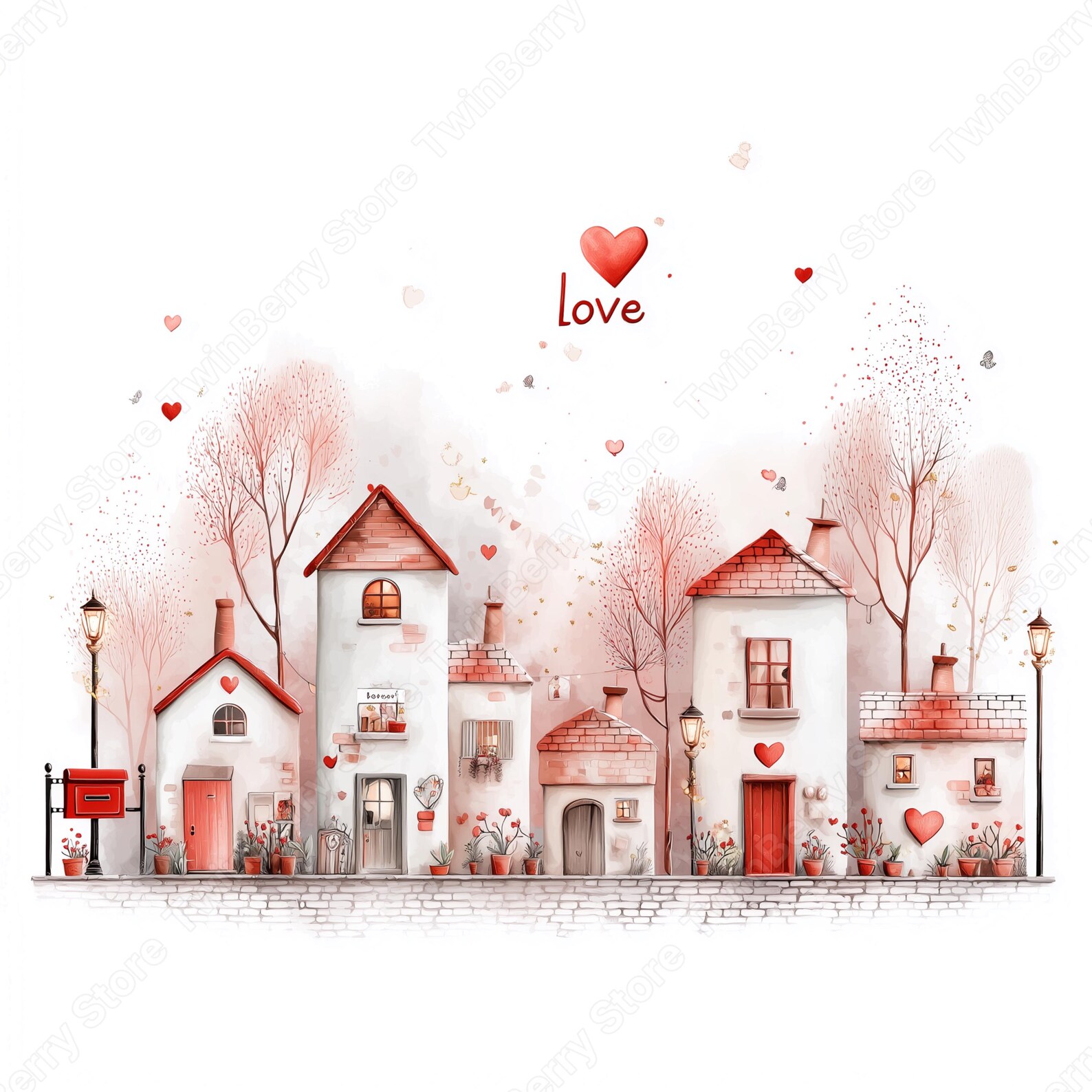 Valentine Village Clipart JPG, 26 Watercolor Valentine Town Scenes Pink ...