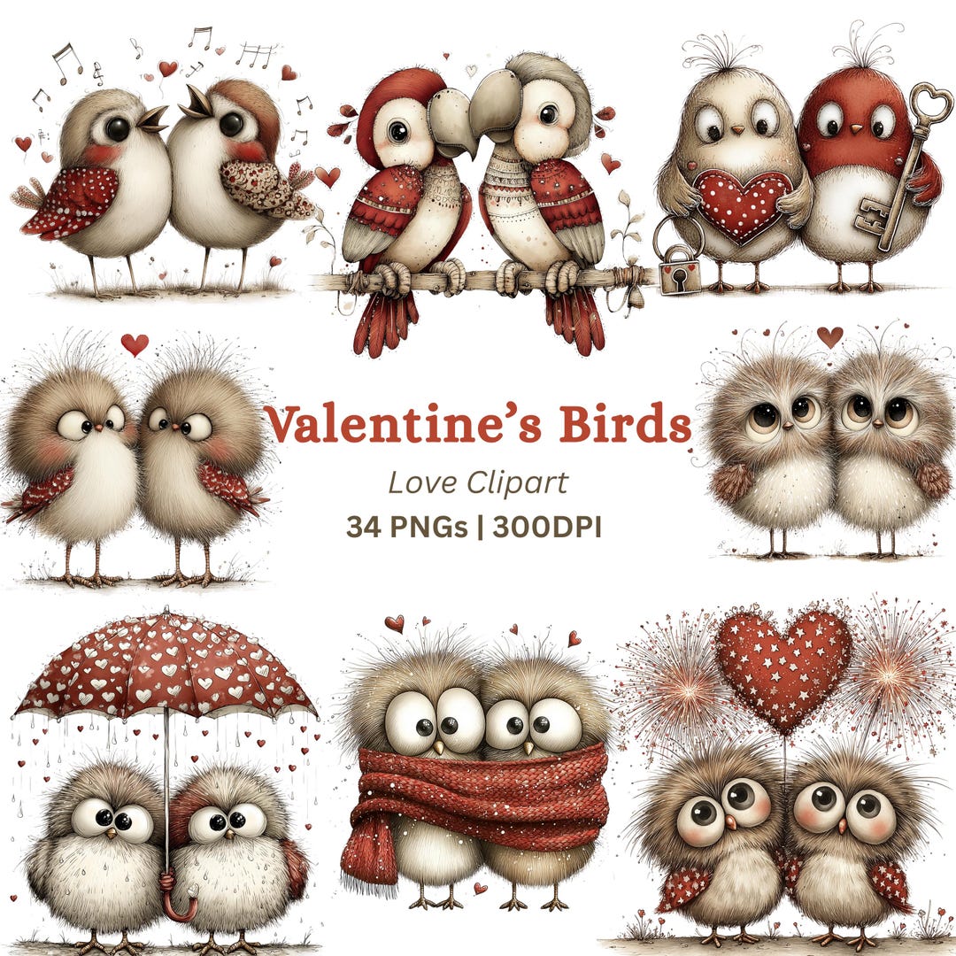 34 Valentine Love Birds Clipart PNG, Whimsical Bird Couples With Hearts ...