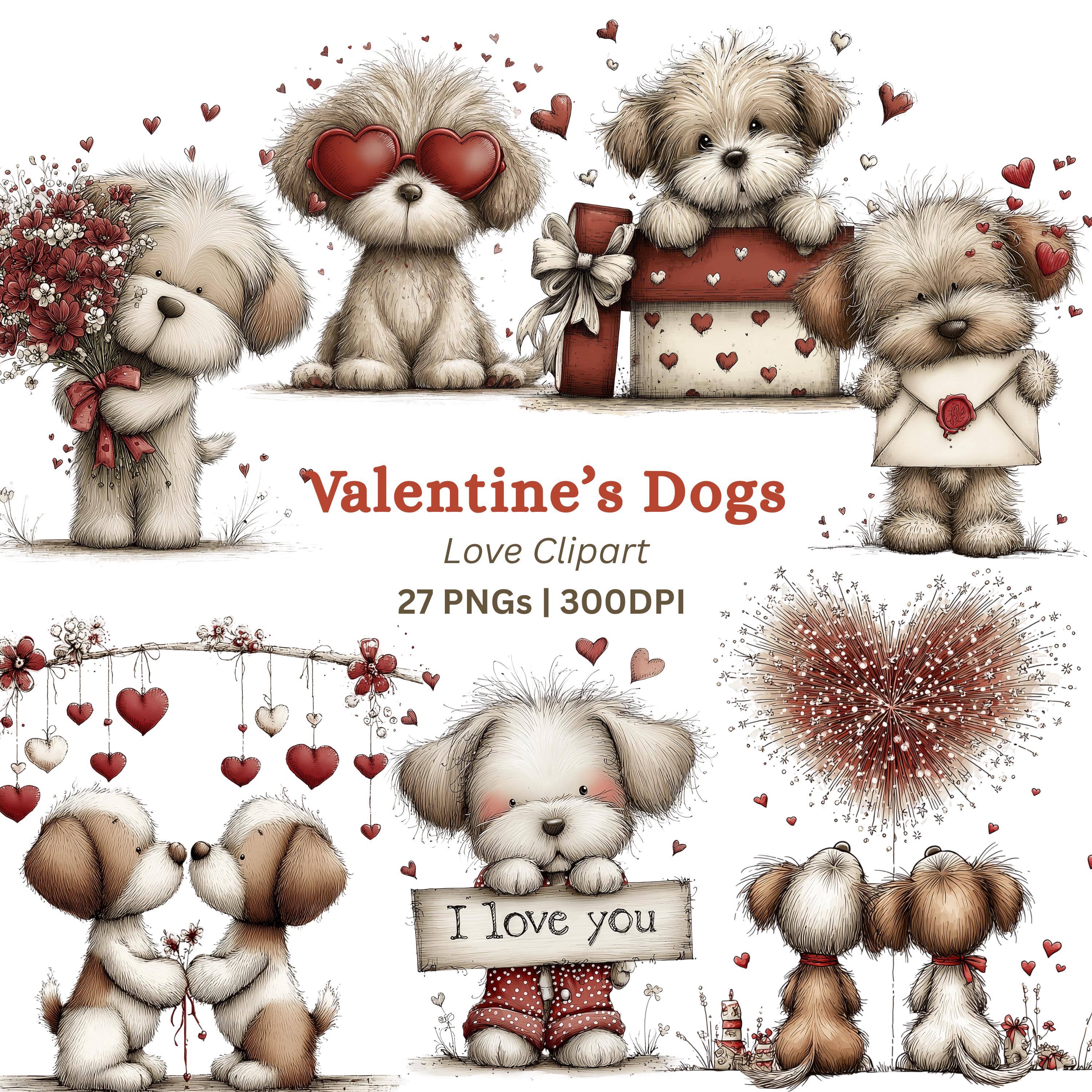 28 Valentine's Day Dogs Clipart, Cute Whimsical Puppies With Hearts ...