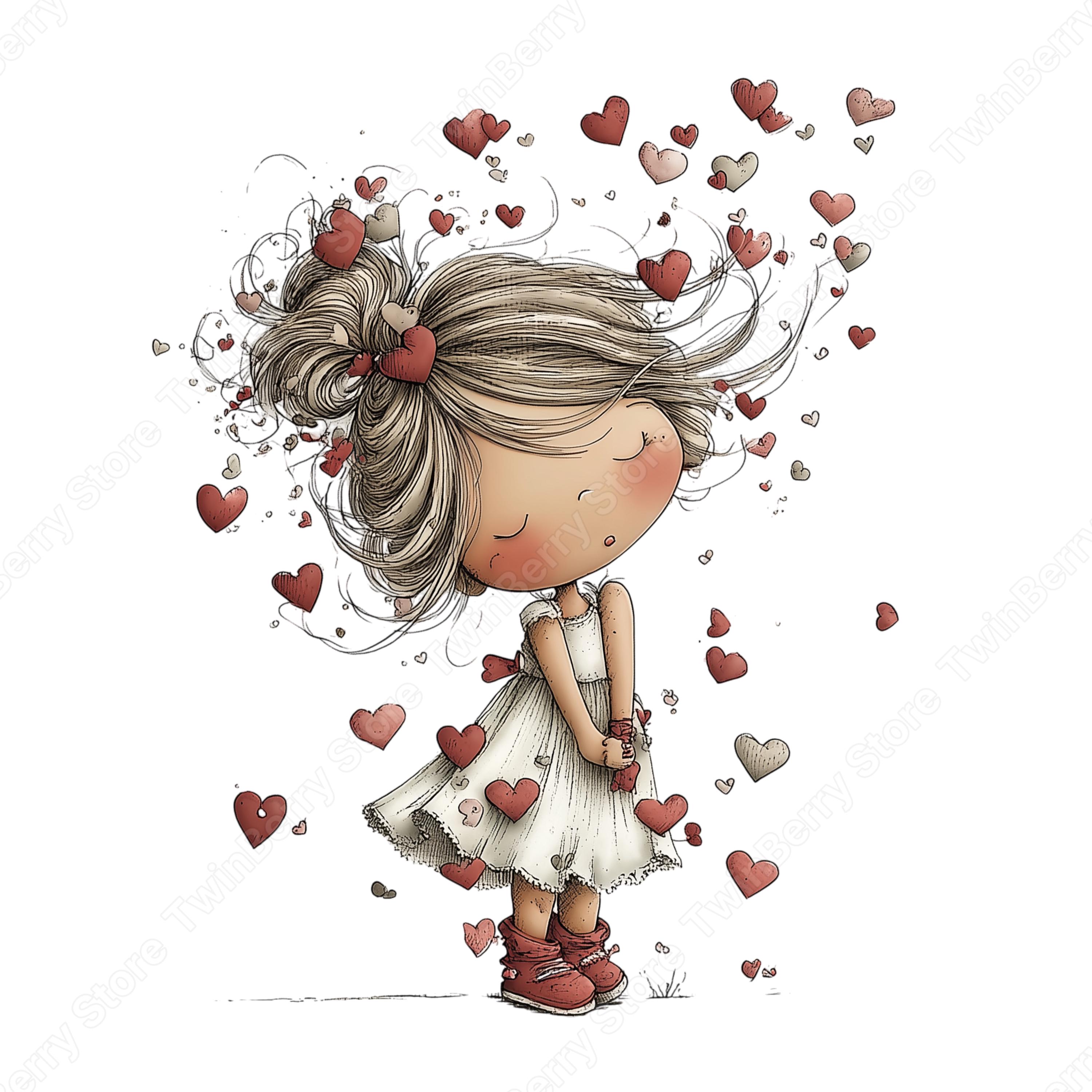 30 Valentine's Day Girl Clipart PNG, Whimsical Little Girl With Hearts ...