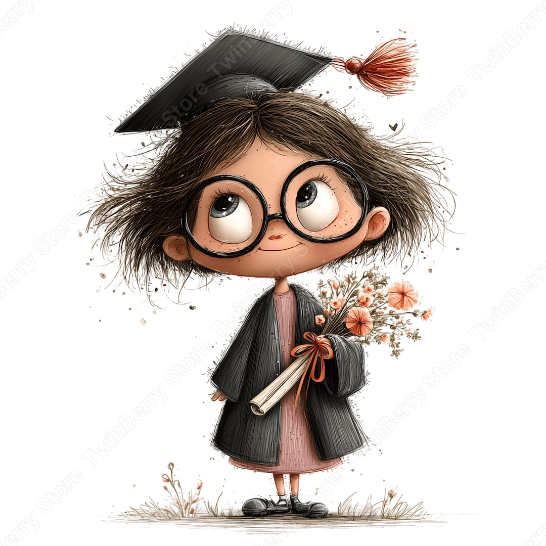 Cute Graduation Girl PNG, 27 Watercolor Clipart With Cap Books and ...