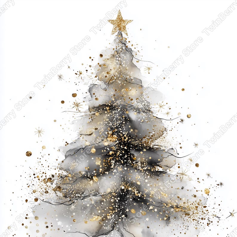 13 Golden Christmas Tree Clipart Bundle, Watercolor Holiday Graphics ...