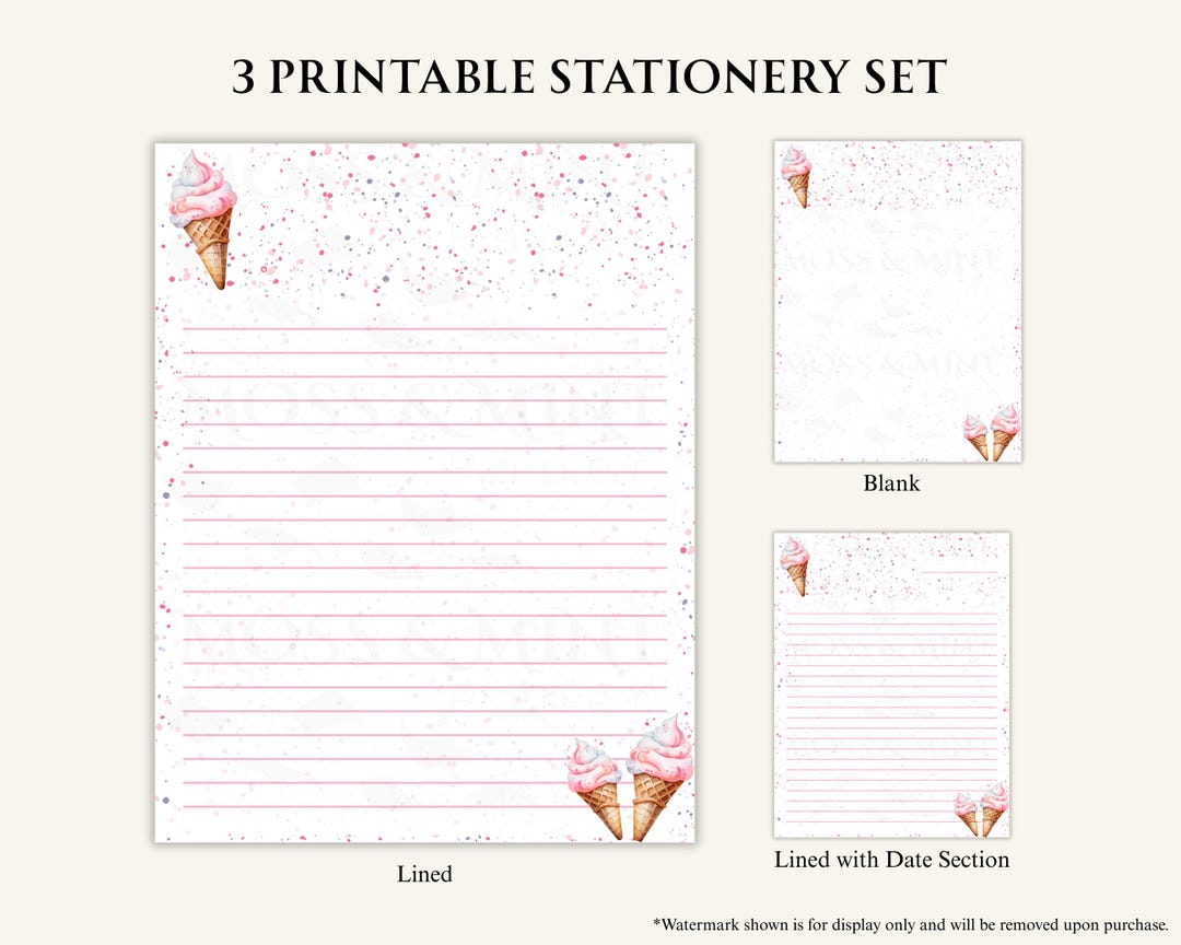 Printable Ice Cream Stationery Set, Ice Cream Writing Paper, Ice Cream ...