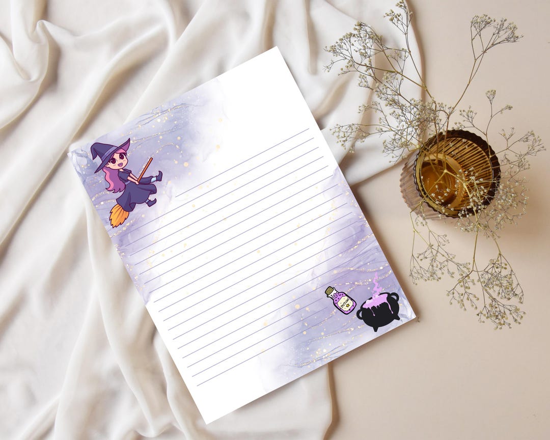 Printable Witch Stationery Set, Cute Purple Witch Writing Paper, Witch ...