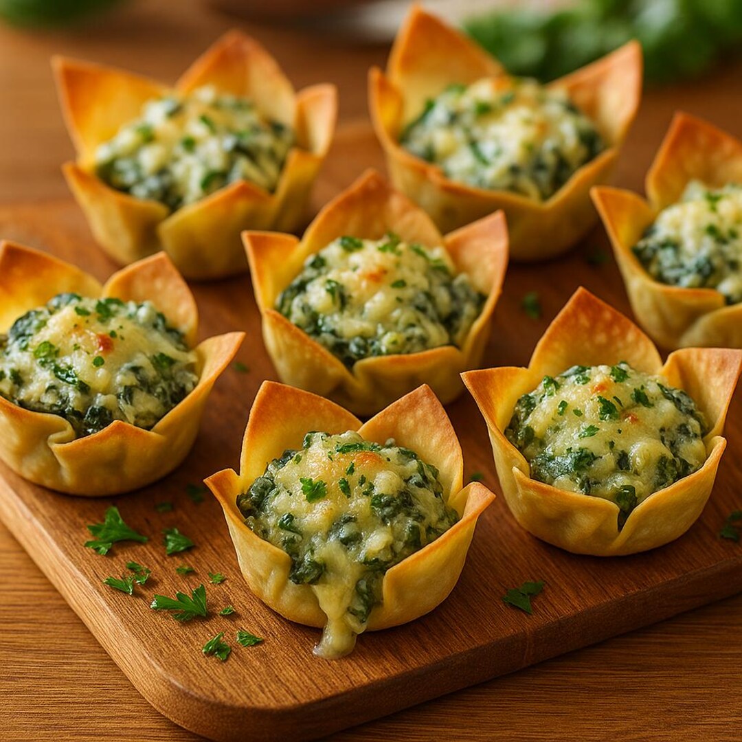 Crispy Spinach Artichoke Wonton Cups Recipe Card PDF – Cheesy Party ...