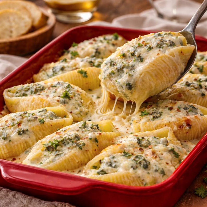 Spinach Artichoke Stuffed Shells Recipe • Cheesy Pasta Bake (PDF ...