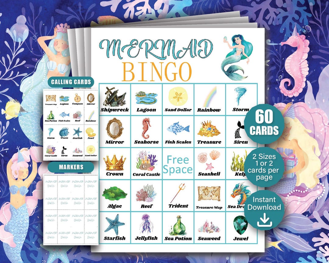 60 Mermaid Bingo Cards, Mermaid Party Game, Under the Sea Party Game ...