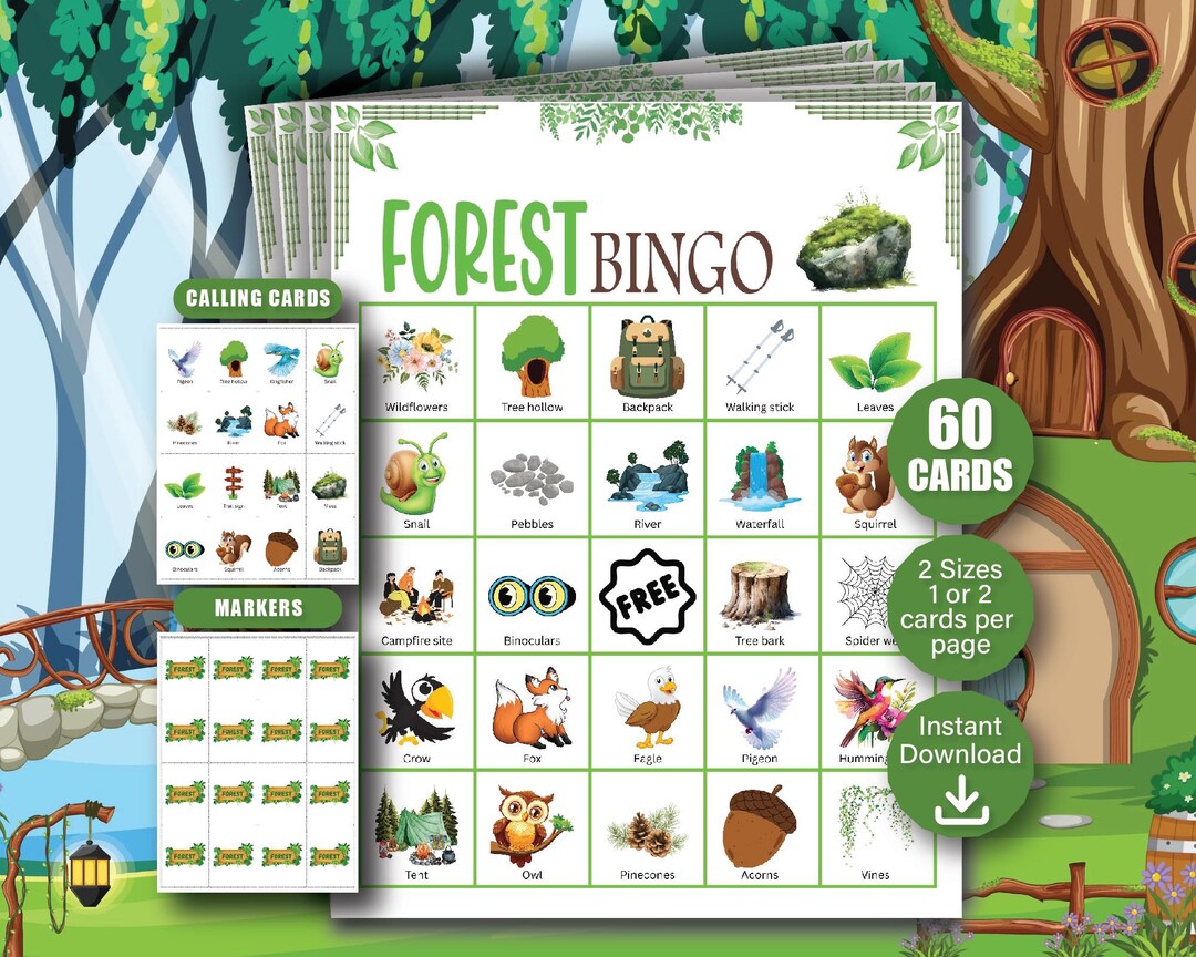 60 Forest Bingo Cards, Nature Party Game, Forest Hunt Bingo Cards ...
