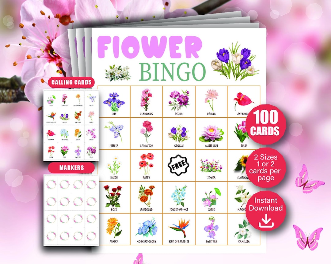 100 Flower Bingo Cards, Spring Bingo, Floral Bingo Cards, Garden Bingo ...
