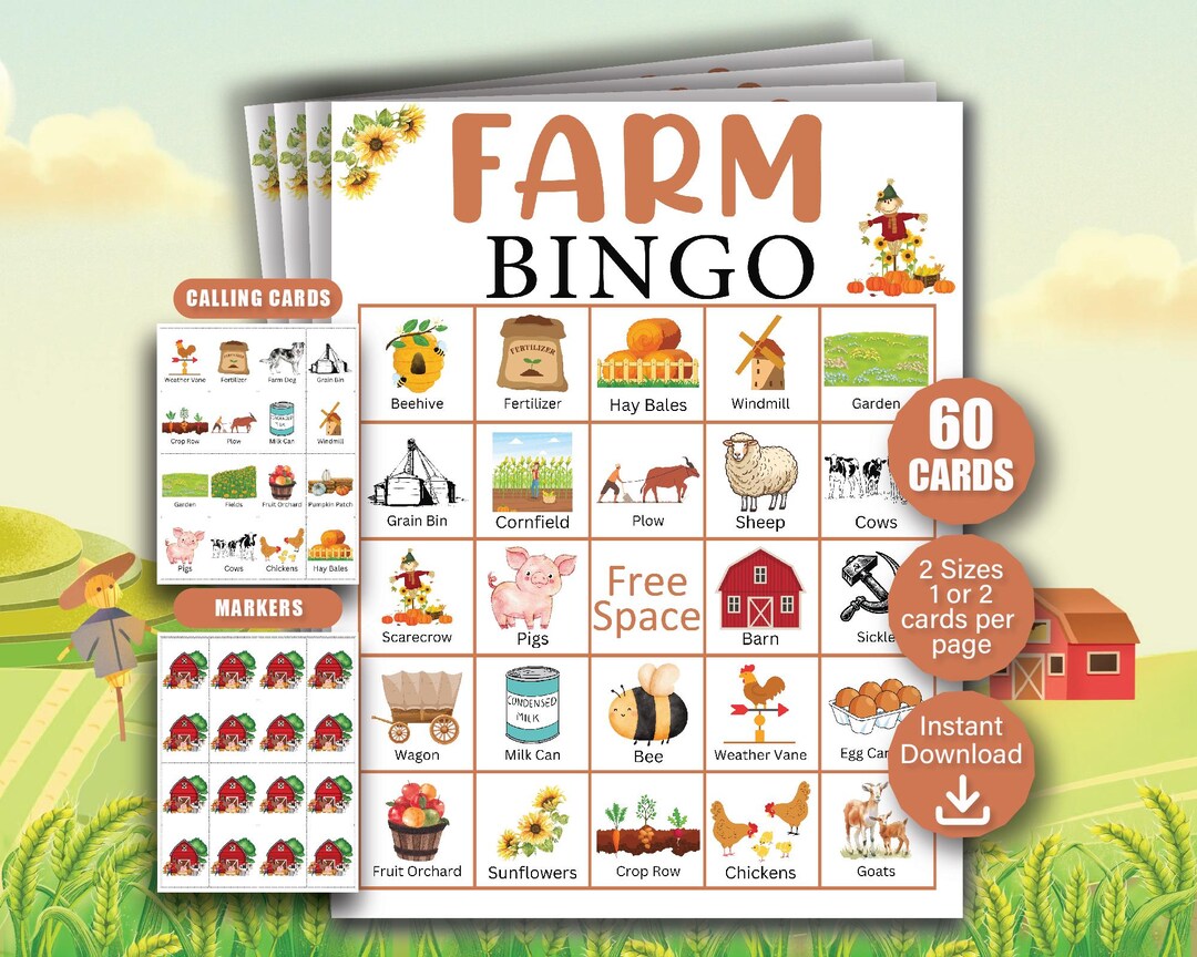 60 Farm Bingo Cards, Farm Bingo Game, Farm Party Game, Barnyard ...