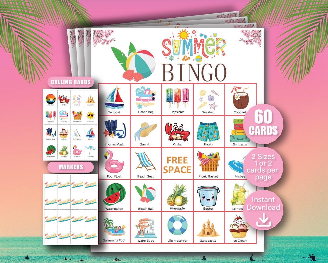 60 Summer Bingo Cards, Summer Vacation Bingo, Summer Birthday Party ...