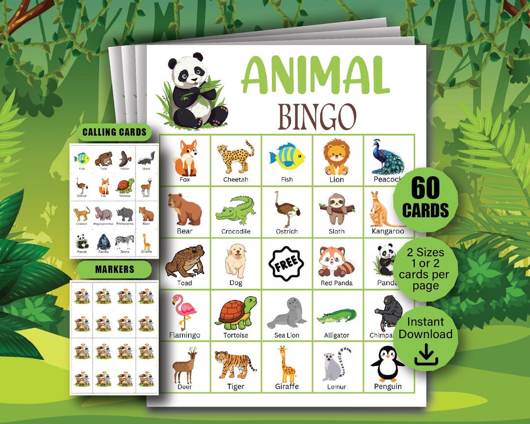 60 Animal Bingo Cards, Animal Birthday Bingo, Pet Animal Bingo, Zoo ...