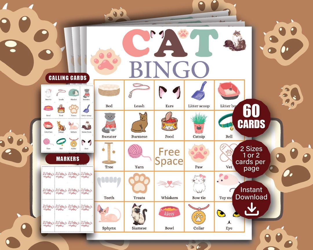 60 Cat Bingo Cards, Kitty Party Game, Kids Animal Party Game, Pets ...