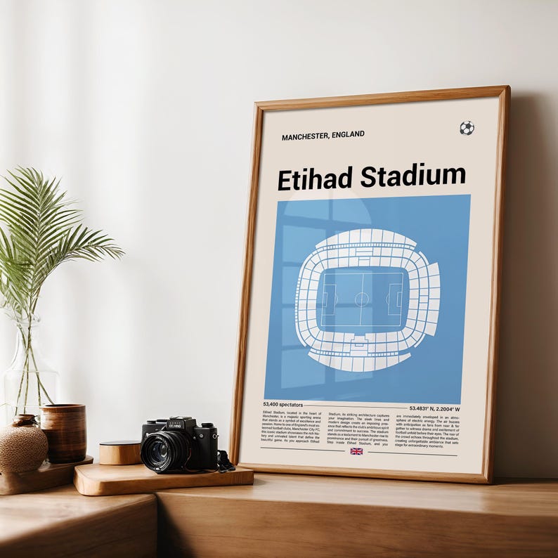 Etihad Stadium Print, Manchester City Poster, Mid Century Modern Soccer ...