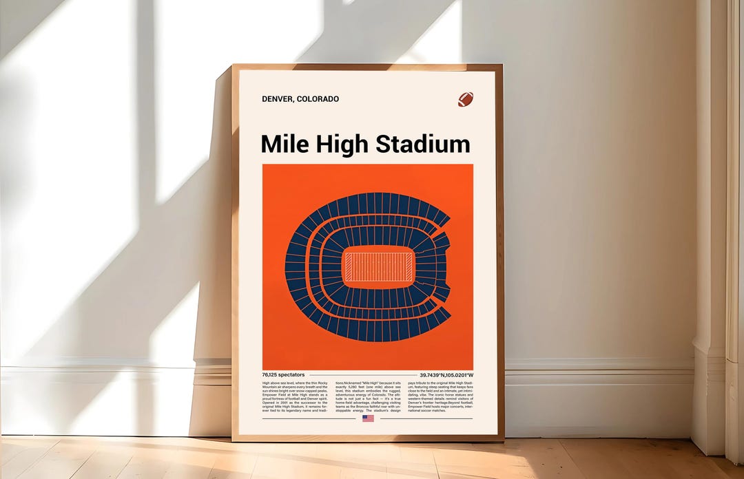Mile High Stadium Print, Denver Broncos Poster, Mid Century Modern ...