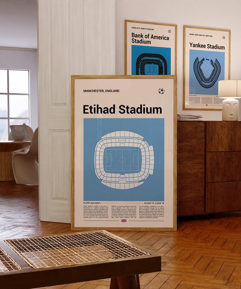 Etihad Stadium Print, Manchester City Poster, Mid Century Modern Soccer ...