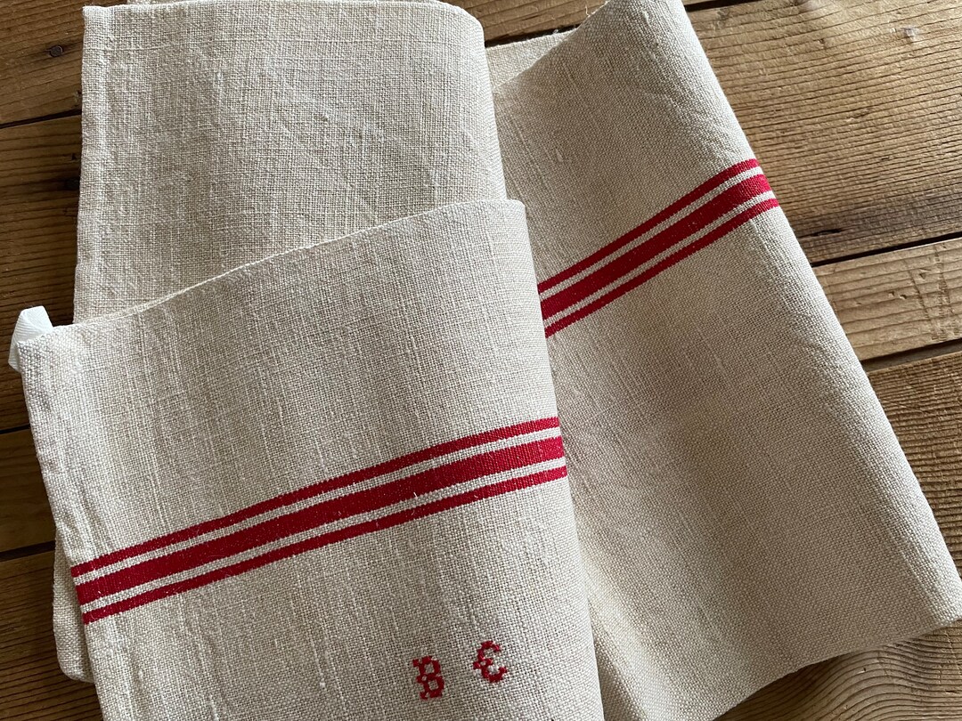 Vintage FRENCH Linen & Cotton Unused Tea Towel Kitchen Cloth Monogram ...