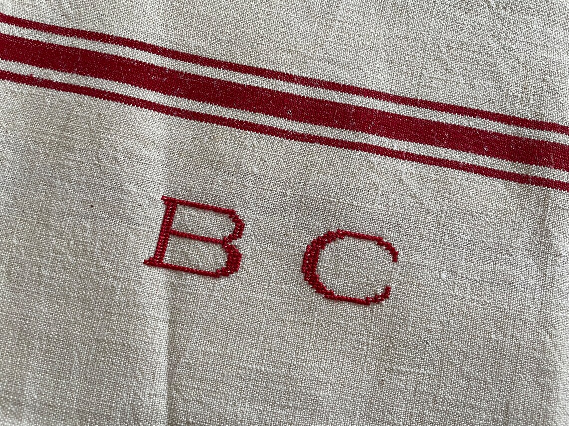 Vintage FRENCH Linen & Cotton Unused Tea Towel Kitchen Cloth Monogram ...
