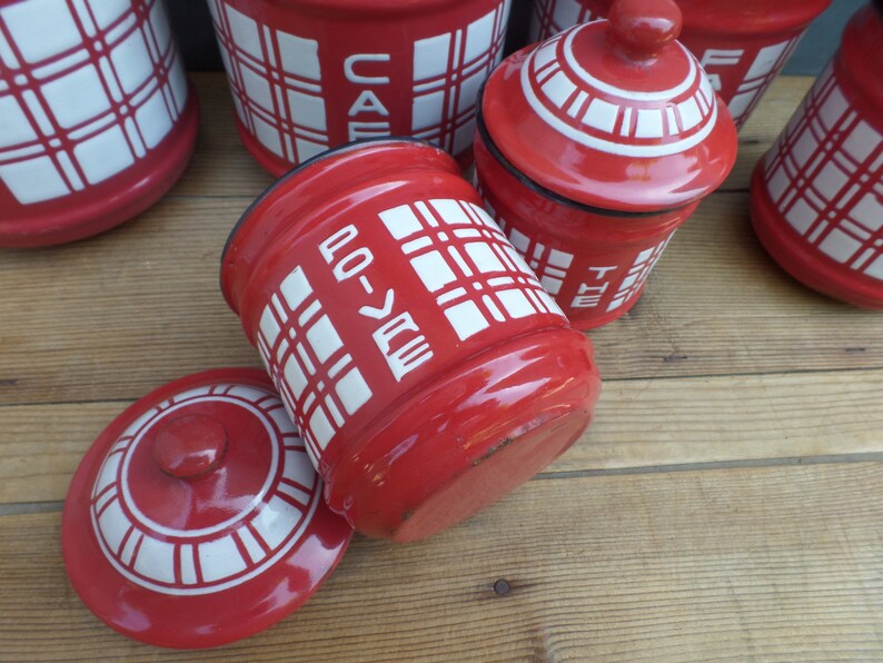 Old set of French red enamel canisters containers 1940/50 6 | Etsy