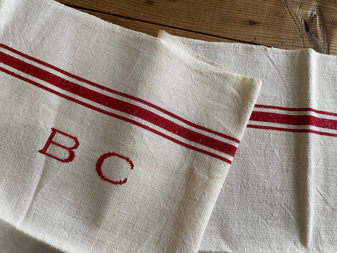 Vintage FRENCH Linen & Cotton Unused Tea Towel Kitchen Cloth Monogram ...