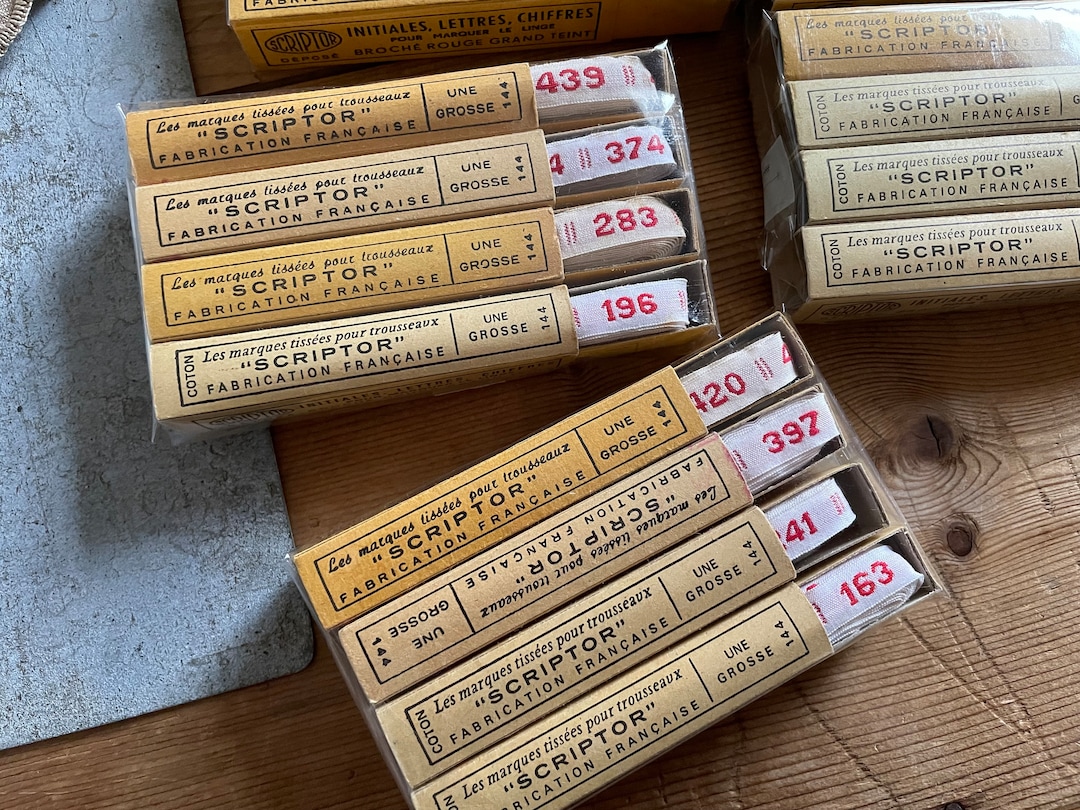 Vintage French Laundry Labels Numbers Linen Kitchen Cloth... Set of 4 ...