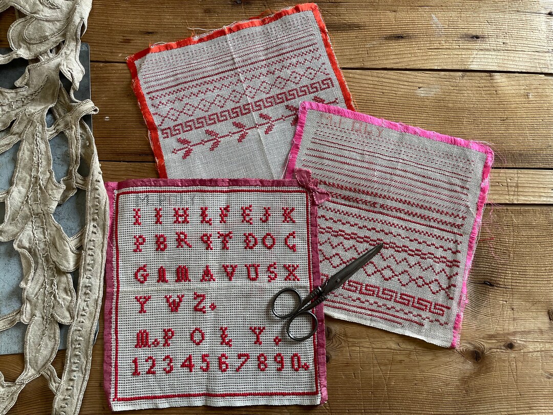 Vintage French Red Work Samplers Alphabets Anciens Red Cross Stitches ...