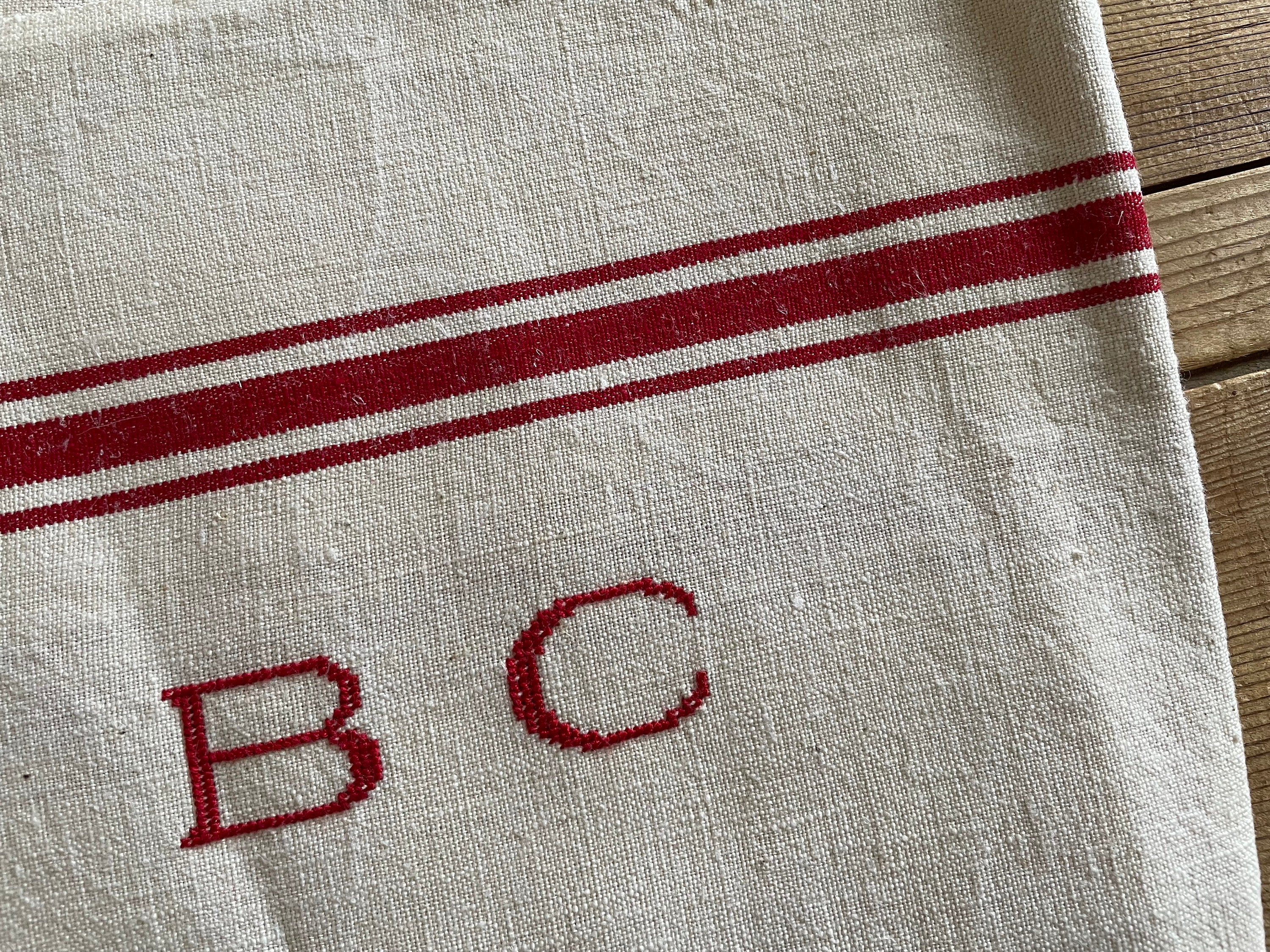 Vintage FRENCH Linen & Cotton Unused Tea Towel Kitchen Cloth Monogram ...