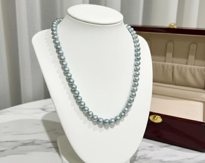 Blue Japanese Pearl Necklace/akoya Pearl Necklace in Silver/blue Pearl ...