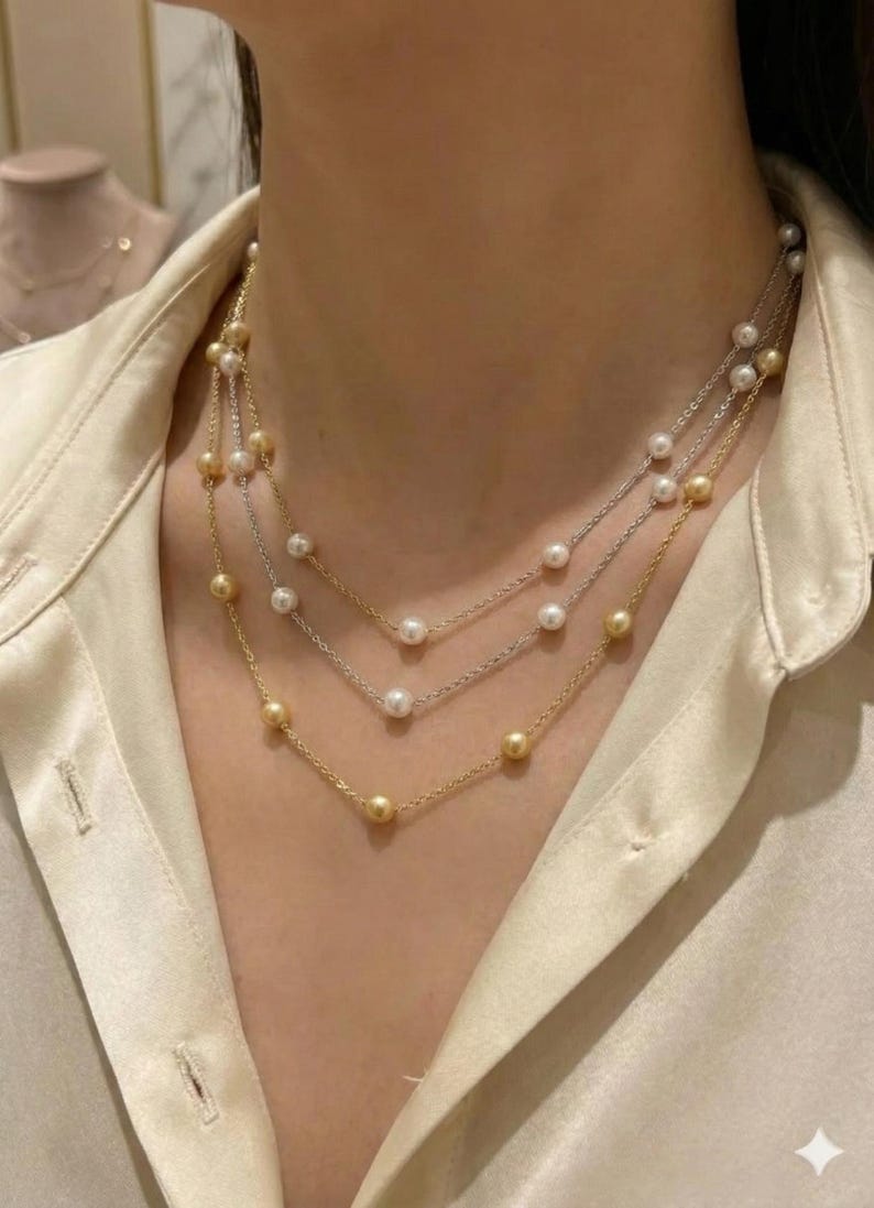 South Sea Golden and White Pearl Floating Necklace - Adjustable ...