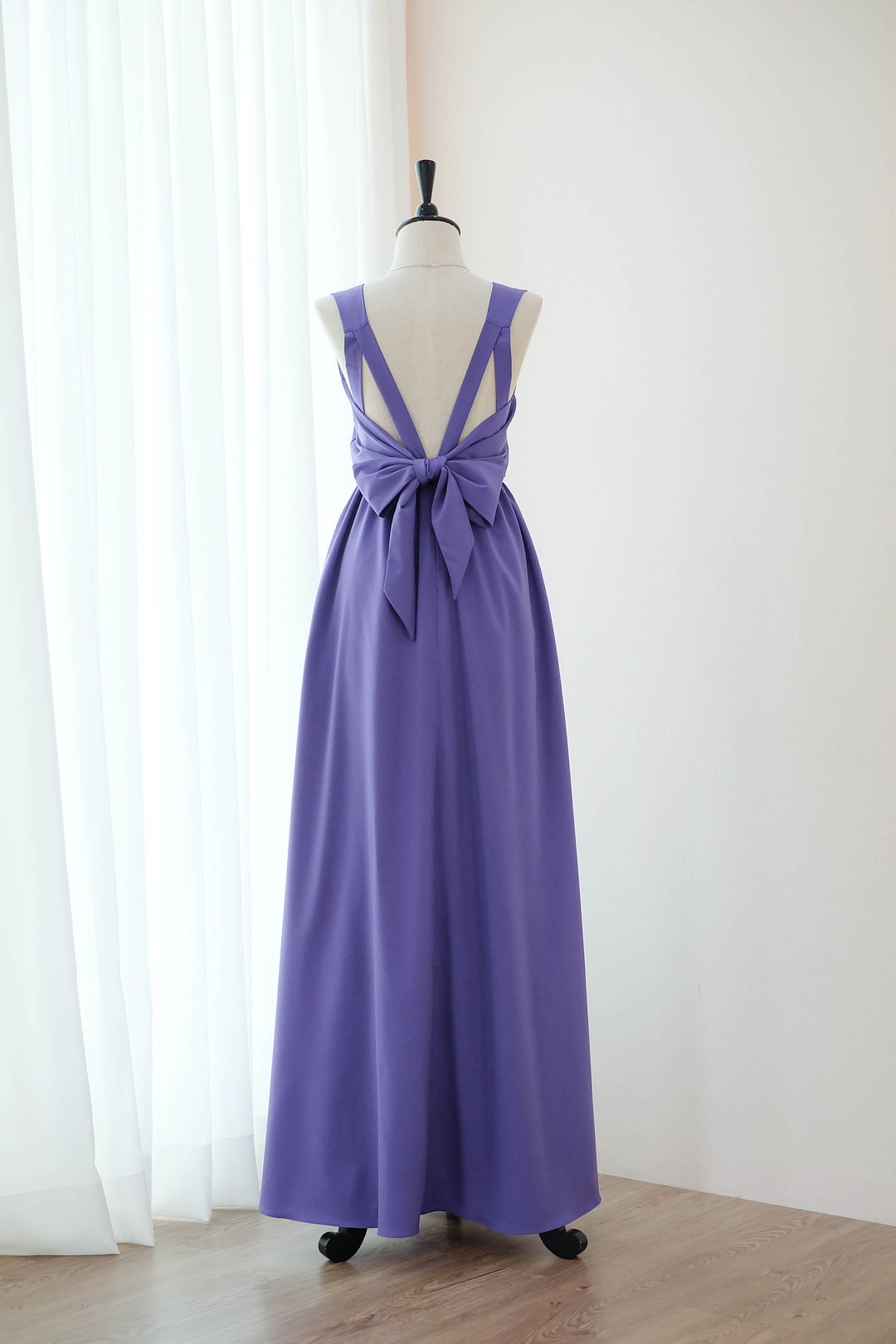 Royal Purple Backless Maxi Bridesmaid Dress , Bow Back Purple Wedding ...