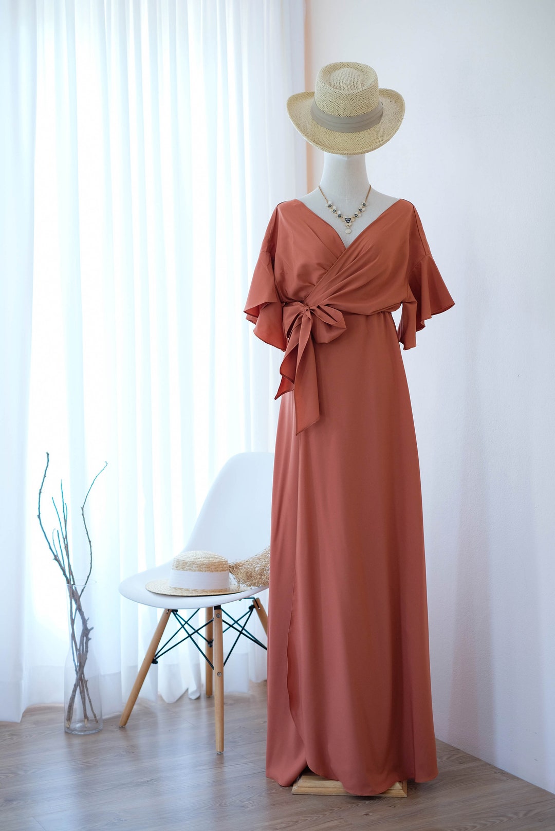 Rust Bridesmaid Dresses Copper Party Wrap Dress Short Sleeve - Etsy